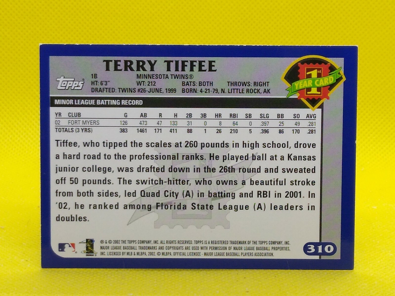 Terry Tiffee 2002 Topps 1st Year Card #310 (PERSONAL AUTOGRAPH ...