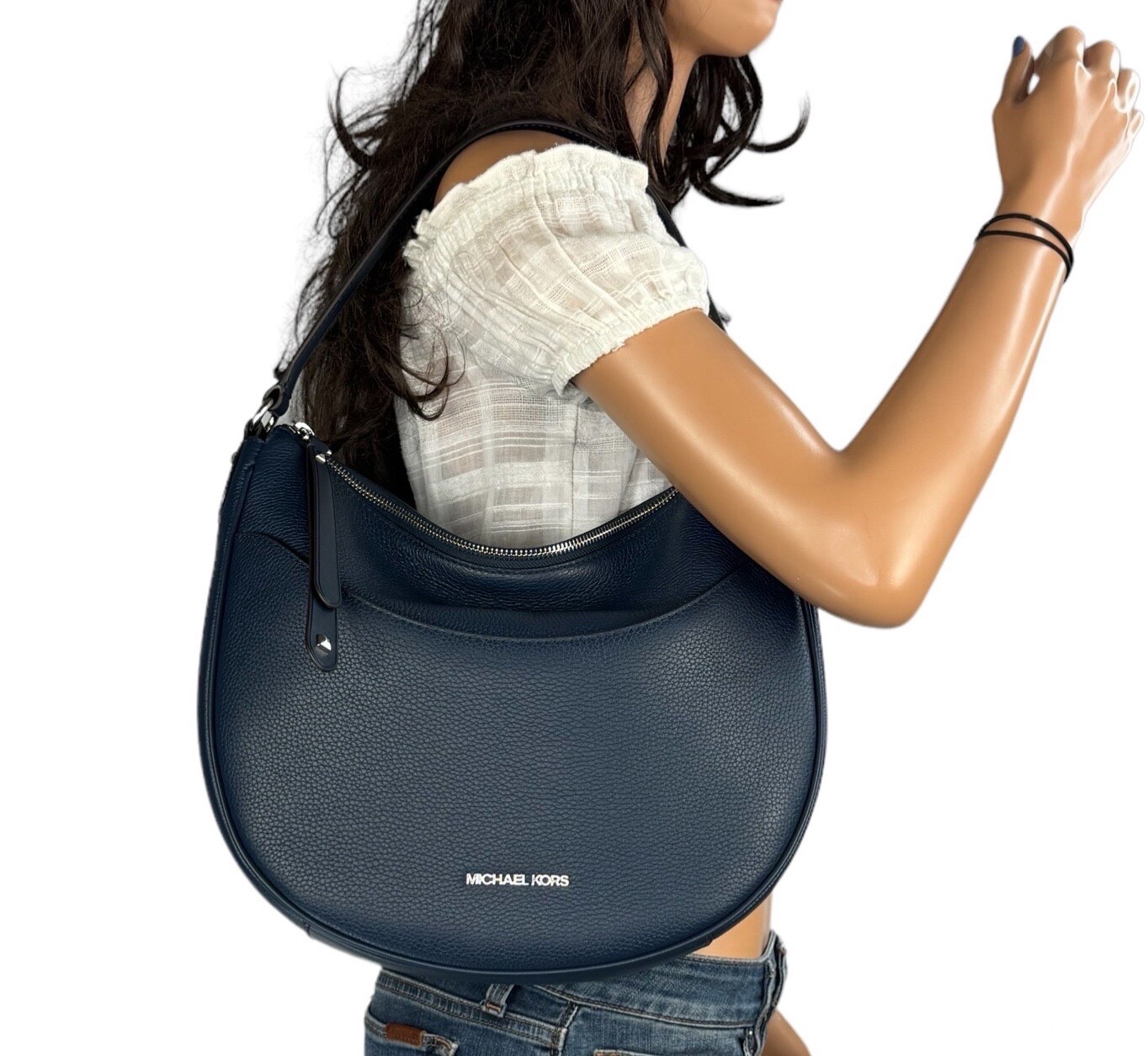 MICHAEL KORS DOVER LARGE HALF-MOON HOBO PEBBLED LEATHER SHOULDER BAG NAVY