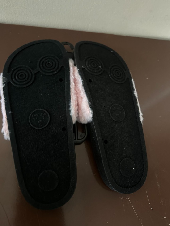 My Star Slide Sandal 8 Women's Pink Flat Heel Fluffy-Strap Fur Trim SZ ...