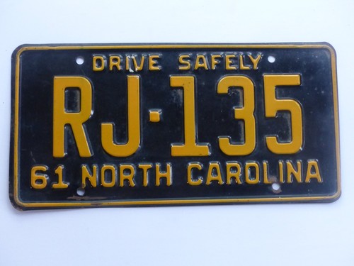 Nice Used 1961 North Carolina Passenger Car License Plate #RJ-135 ...