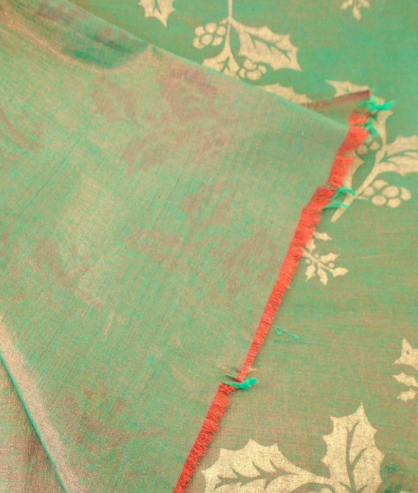 Christmas Holly Cardinal Birds Gold Green Faux Shot Silk Fabric 52 x ...