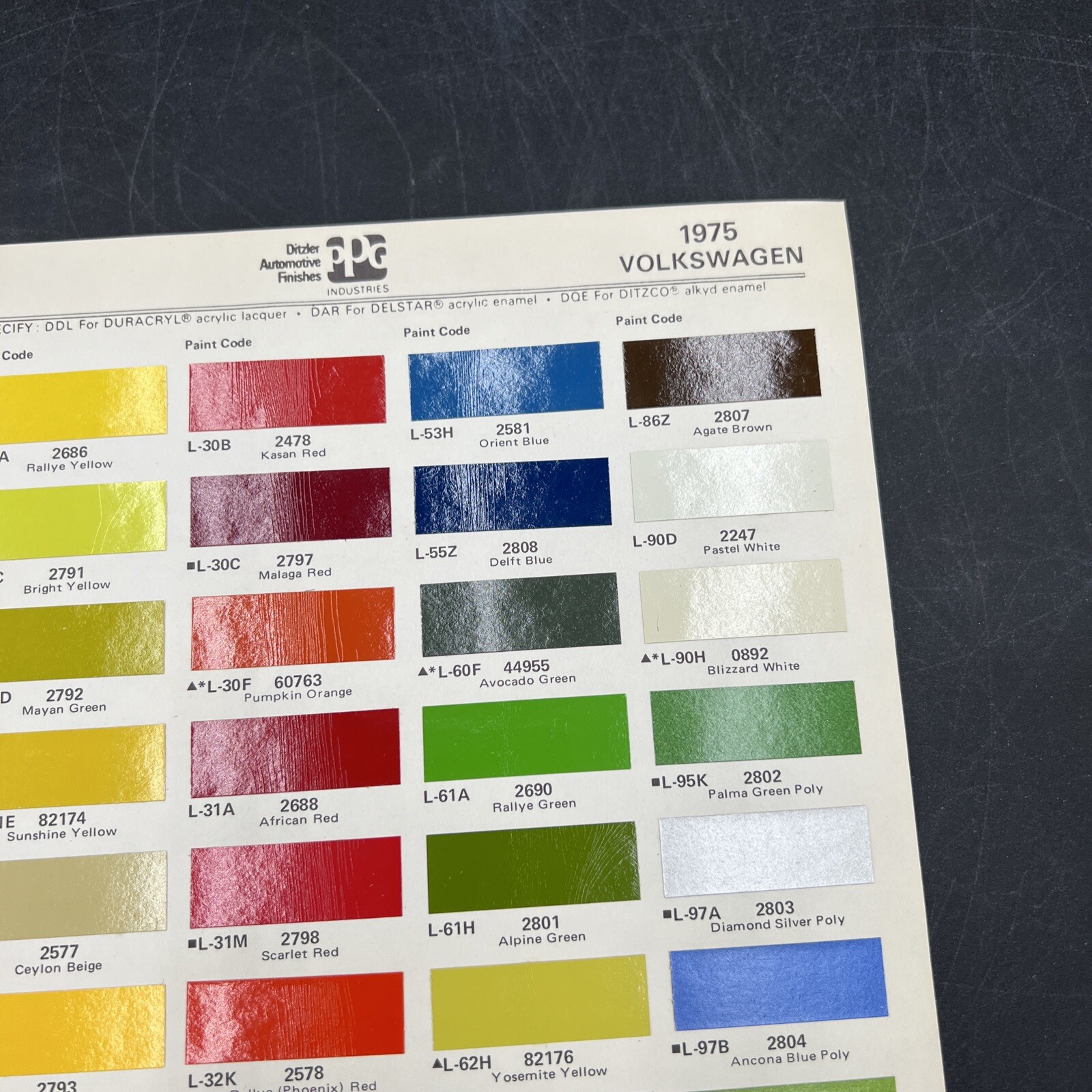 VOLKSWAGEN 1975 Original PPG Ditzler Automotive Paint Finish Car Color ...