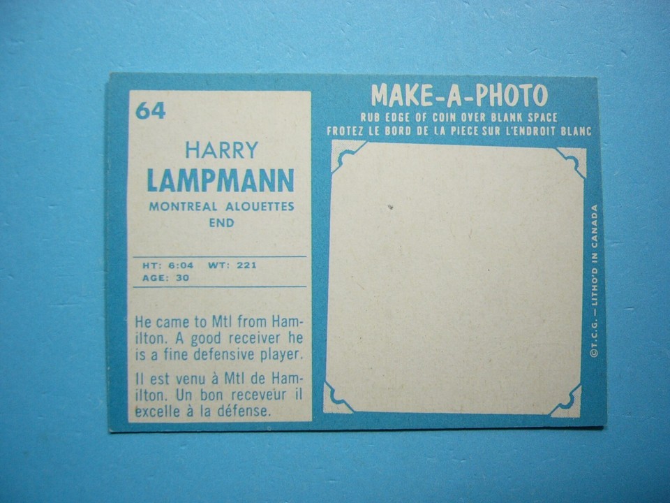 1961 TOPPS CFL FOOTBALL CARD #64 HARRY LAMPMAN EX/NM SHARP!! '61 TOPPS ...