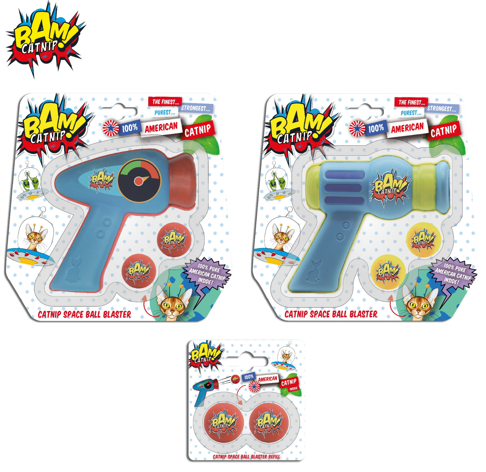 BAM! CATNIP POP GUN SPACE BALL BLASTER CAT KITTEN TOY GUN CATNIP 2 ...