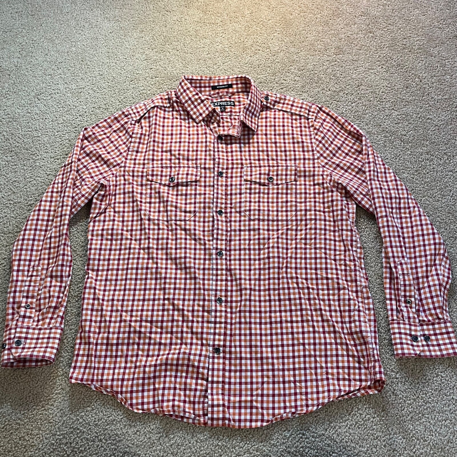 Express Mens Size L Large Button Up Shirt Red Plaid Long Sleeve Cotton ...