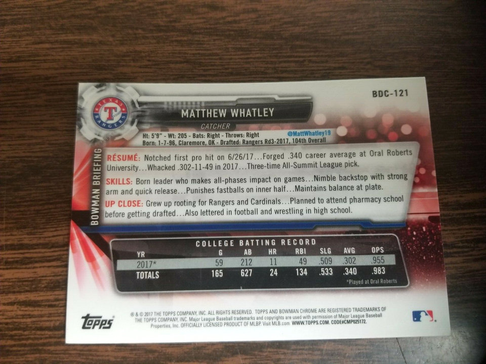 MATTHEW WHATLEY 2017 BOWMAN DRAFT CARD BDC-121 RANGERS (FIRST ROOKIE ...