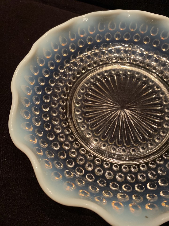 Fenton Moonstone Blue, White, Clear, Hobnail Ruffled Bowl Dish and Bud ...