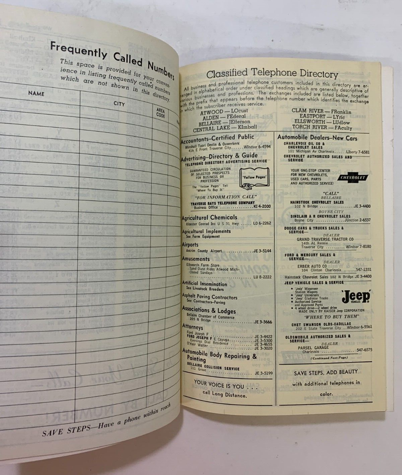 TRAVERSE BAYS TELEPHONE COMPANY, MI October 1965, phone book, yellow ...