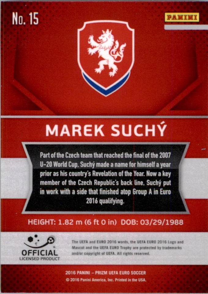 2016 Panini Prizm UEFA Euro '16 Soccer Card #15 Marek Suchy Czech ...