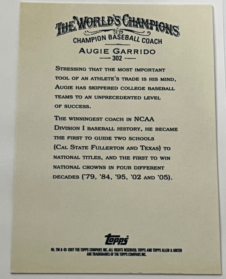 2007 Topps Allen & Ginter's Augie Garrido Texas Longhorns Auto Signed ...