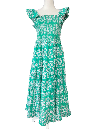 THML Womens Dress Large Green Floral Maxi Cotton Smocked Tiered Ruffle ...