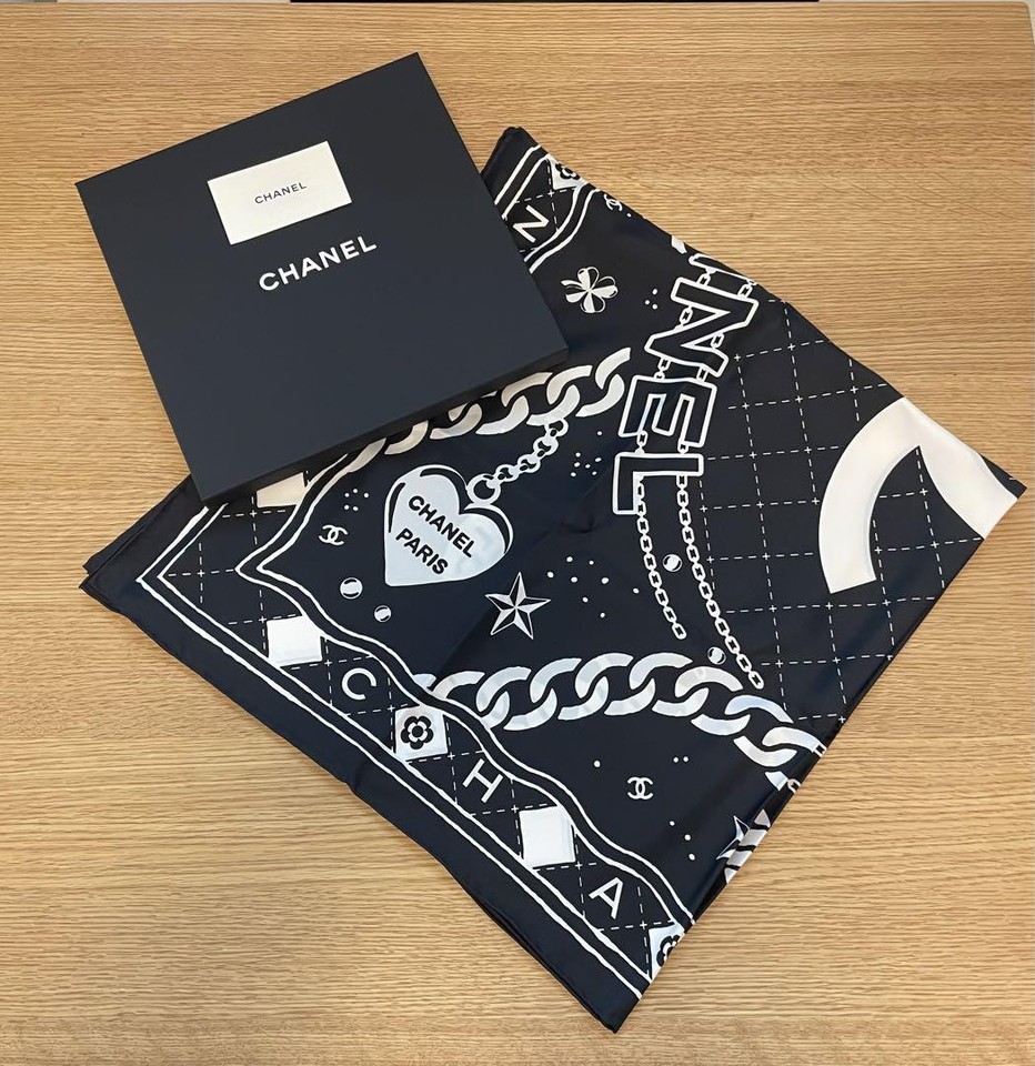 CHANEL Scarf Black Silk Heart, Star, Chain Pattern Women France 115180 ...