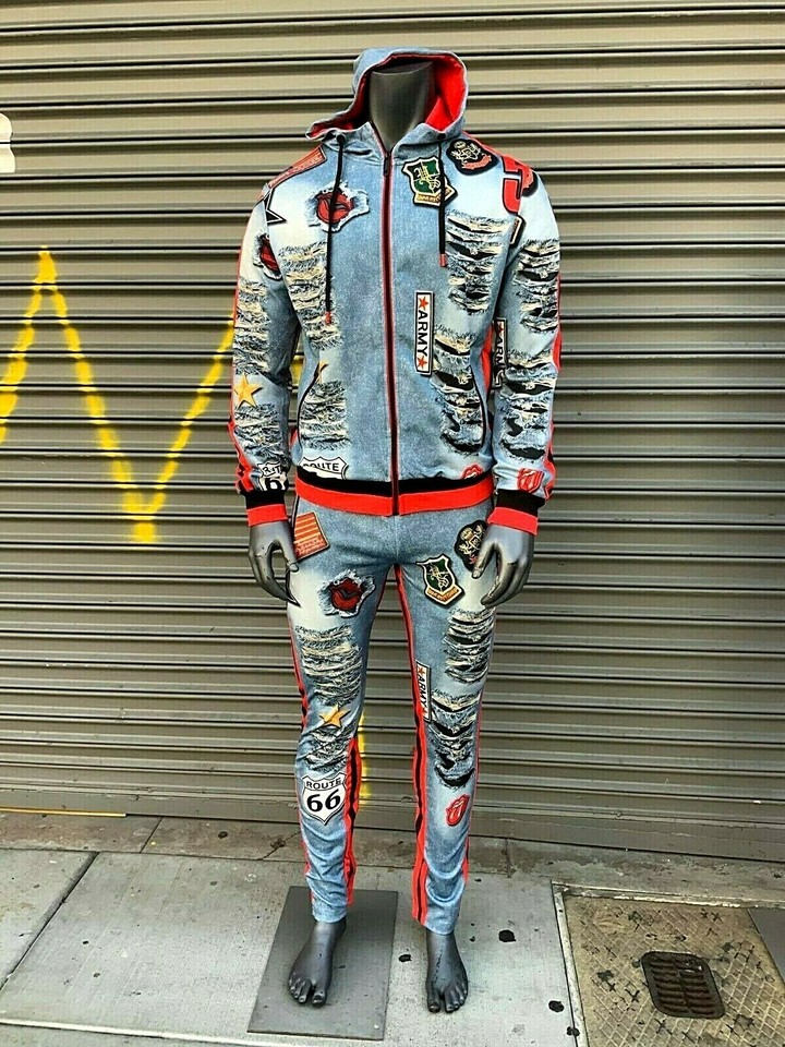 Men's Mid Blue Bleached | Red Stripes | Torn All Over Fashion Tracksuit ...