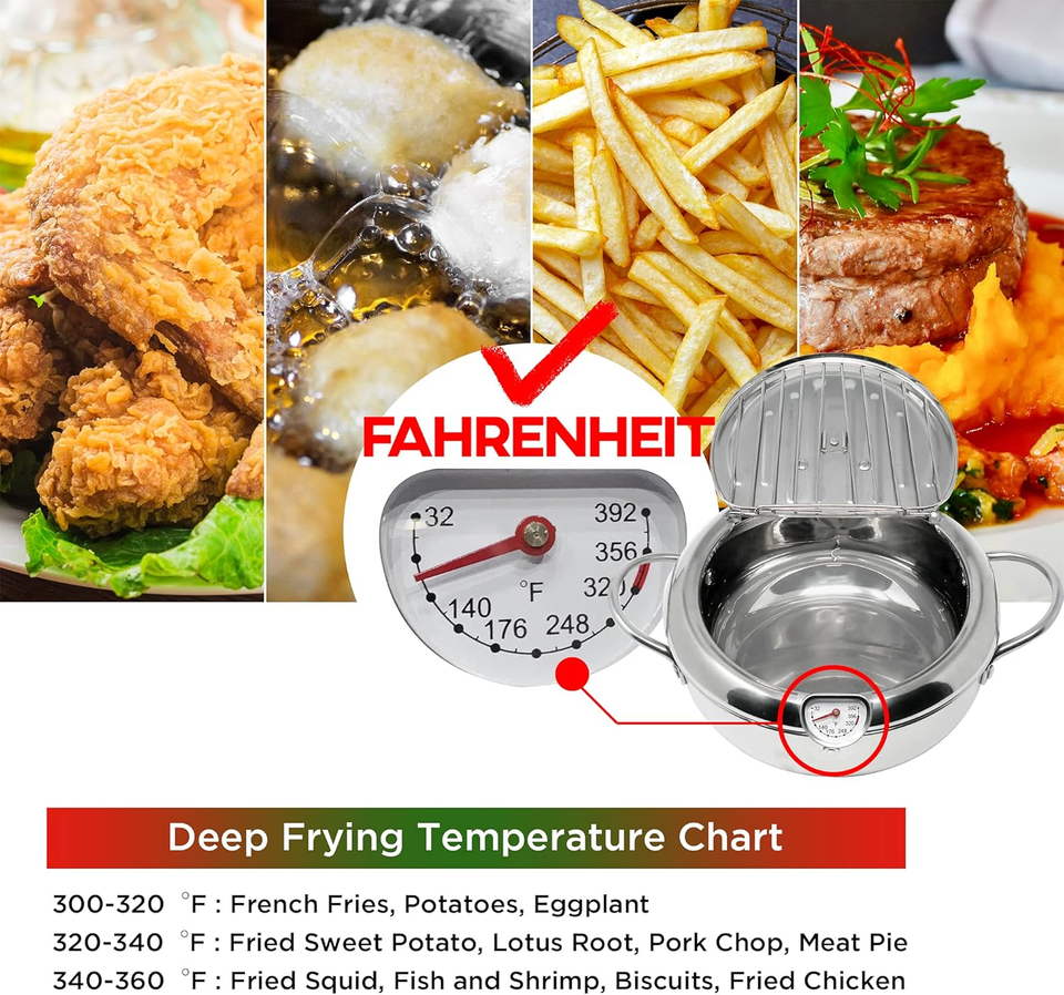 Olla para freír tempura de acero inoxidable, 11"/4.4Qt, con termómetro ...
