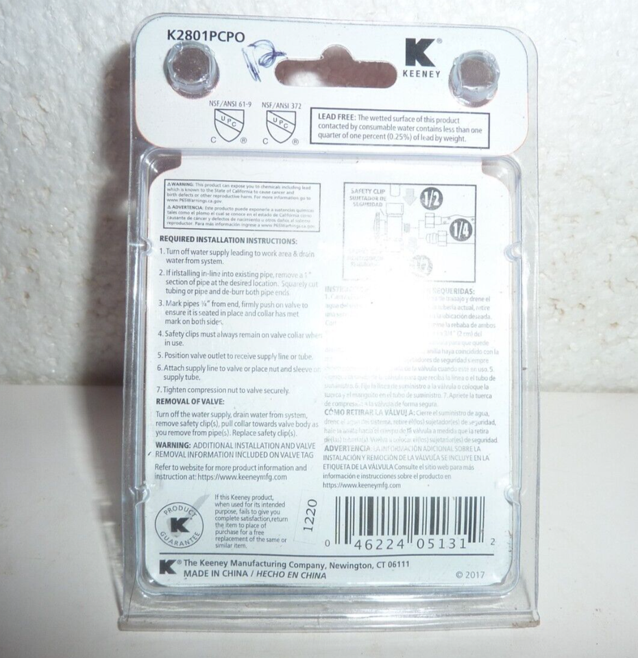 Keeney Quick Lock Quarter Turn Tee Valve 1/2" x 1/2" K2801PCPO New ...