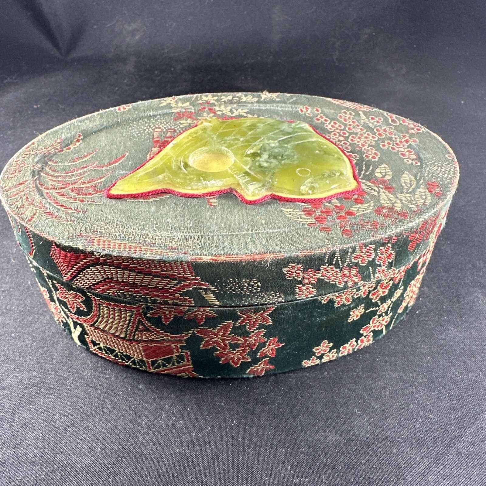 Vintage Silk fabric Covered & lined Trinket box. Carved Jade fish Koi ...