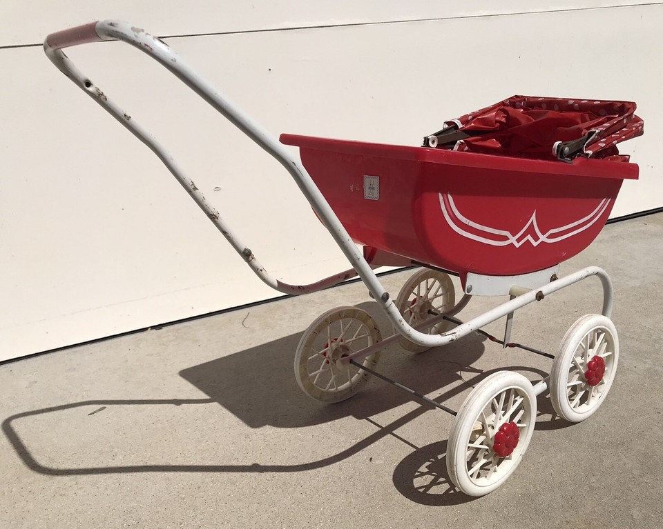 Vintage 1960s Metal Rocking Baby Doll Toy Carriage Stroller Buggy Red ...