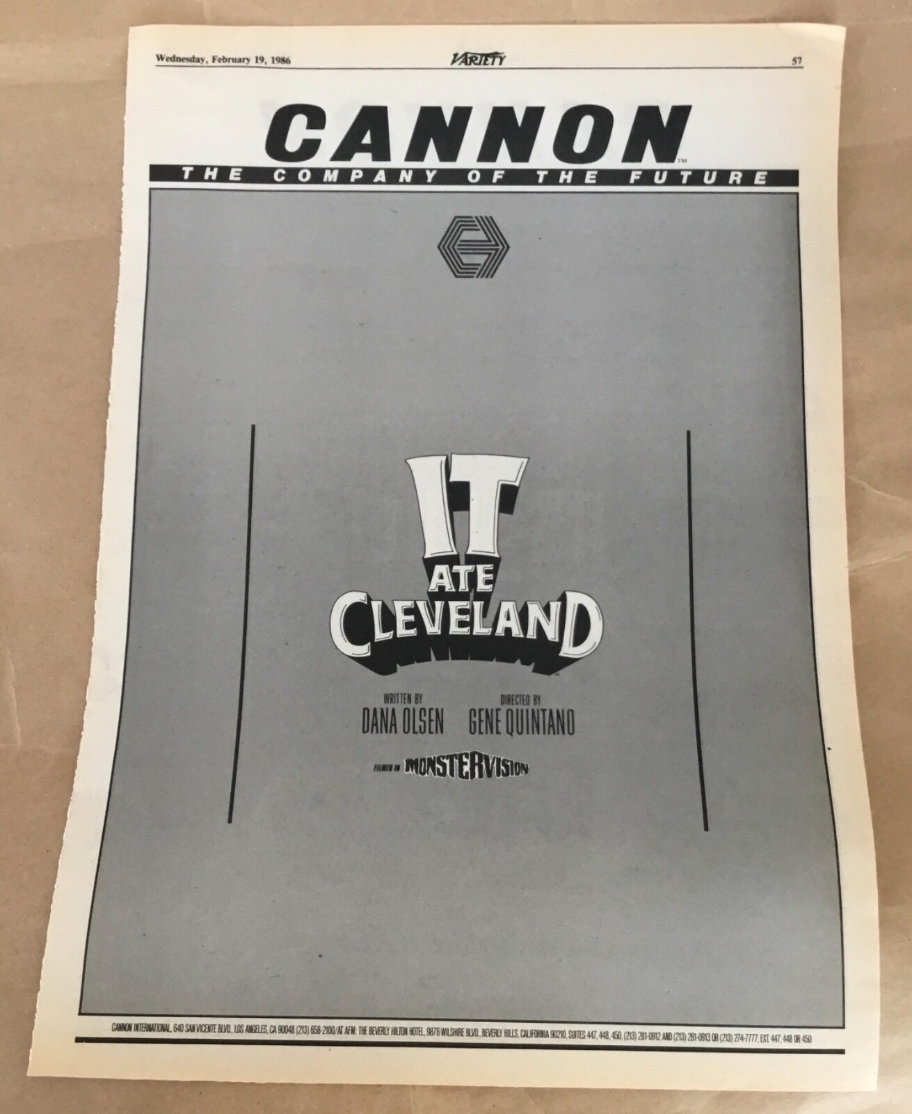 It Ate Cleveland Cannon film studio print ad 1986 vintage 1980s promo ...