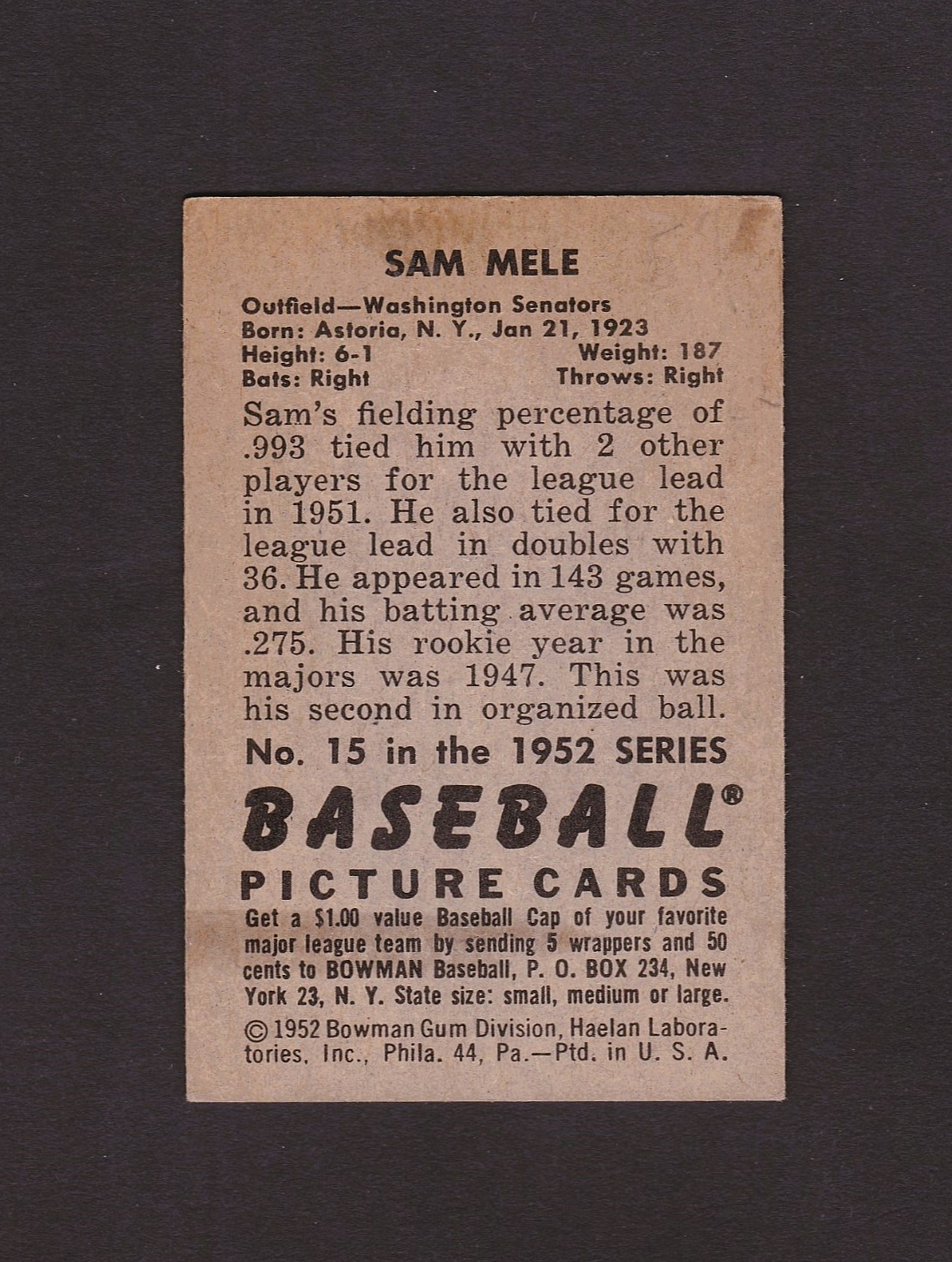 1952 Bowman #15 Sam Mele [EX+] | eBay