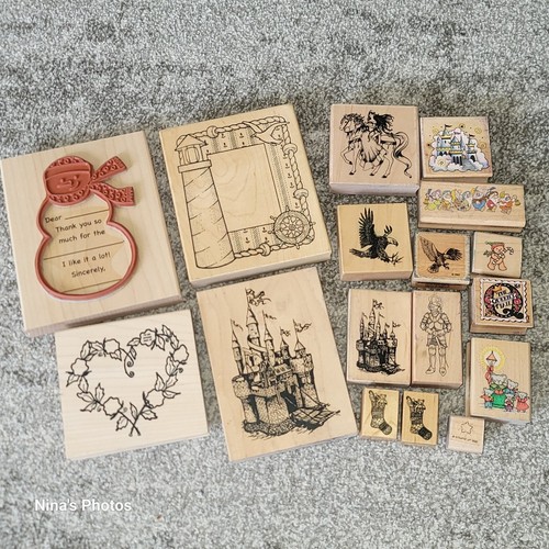 17 VTG Rubber Wood Stamps Mixed Lot Heart Eagle Castle Knight Drawfs ...
