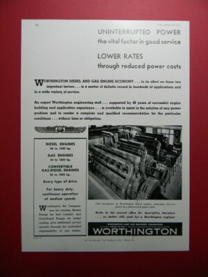 1940 WORTHINGTON DIESEL AND GAS ENGINES "UNINTERRUPTED POWER" SALES ART ...