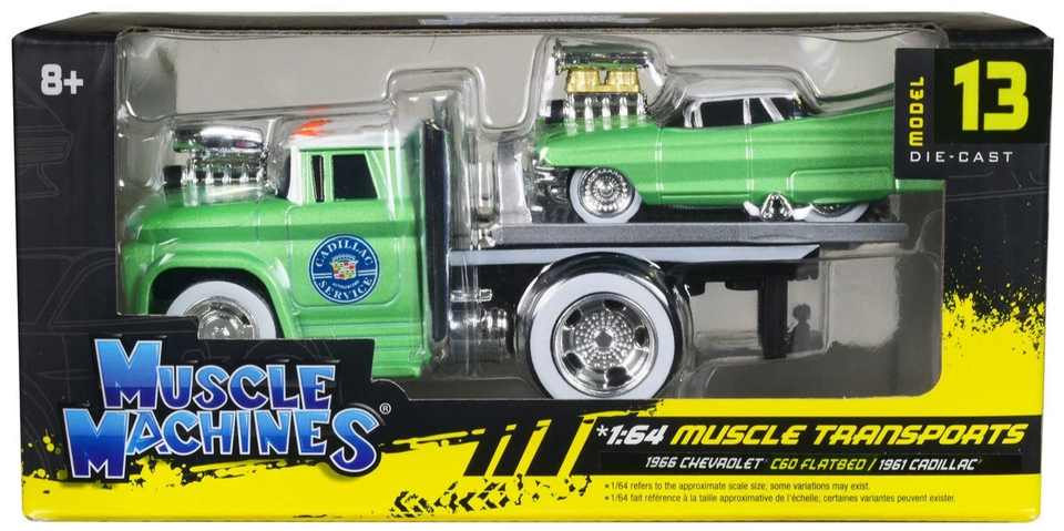 MUSCLE MACHINES 1:64 1966 CHEVROLET C60 FLATBED TRUCK W/ 1961 CADILLAC ...