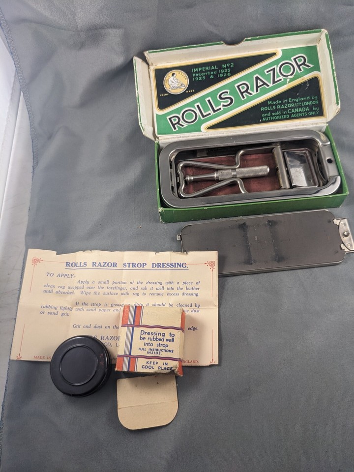 VINTAGE IMPERIAL NO.2 NICKLE PLATED ROLLS RAZOR & STROP DRESSING W ...