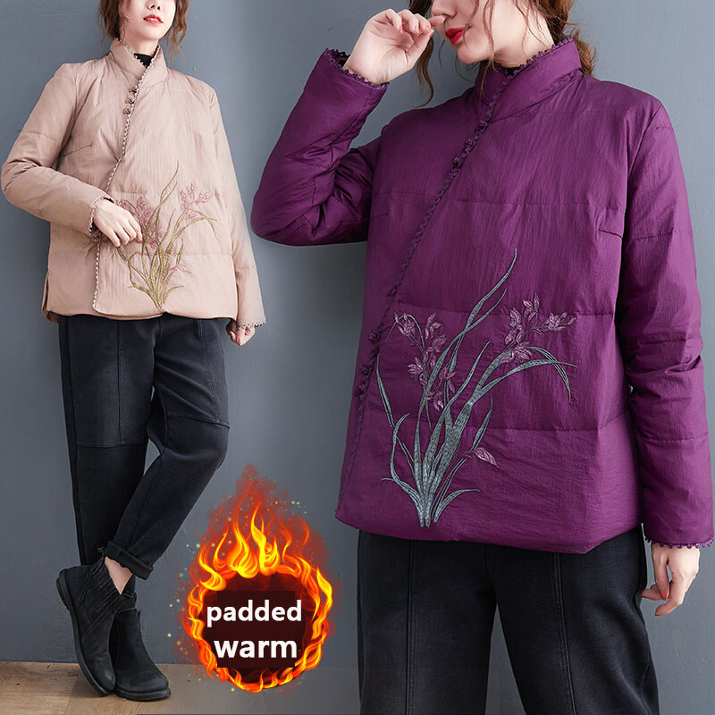 Ladies Chinese Floral Embroidery Jacket Warm Coat Quilted Padded Short ...