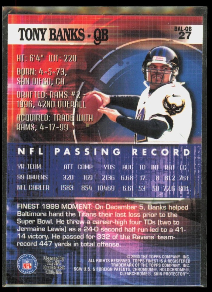 2000 Topps Finest Base Set Tony Banks Baltimore Ravens #27 | eBay