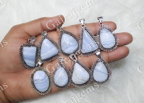 15 PCs Natural Blue Lace Agate Gemstone 925 Solid Silver Designer ...