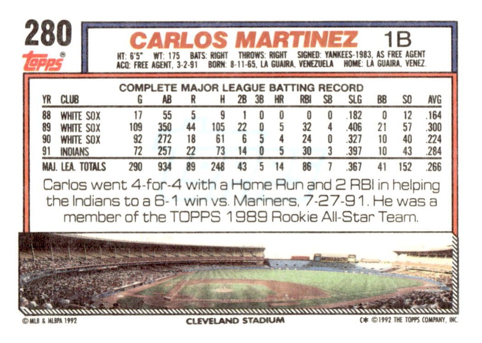 1992 Topps #280b Carlos Martinez Gold Winners print code C* - Cleveland ...