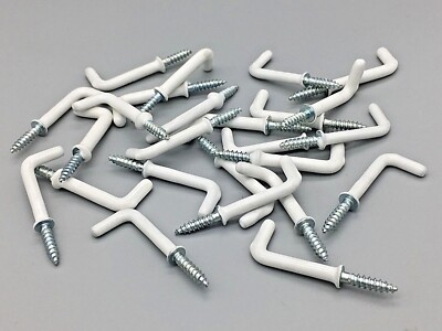 50 x SQUARE L CUP HOOKS 25mm shouldered white plastic coated screw hook ...