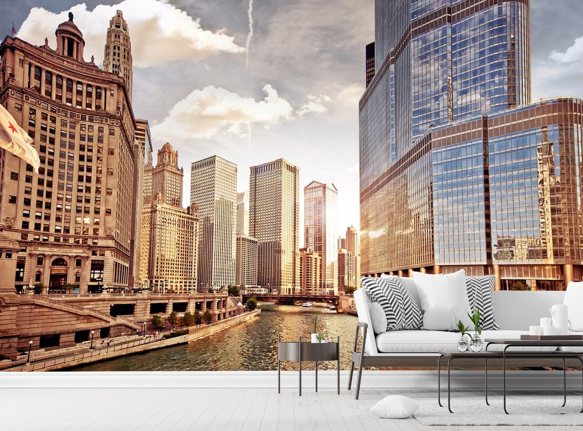 Chicago Skyline Tapet Chicago Wallpaper & Wall Murals | Wallsauce US