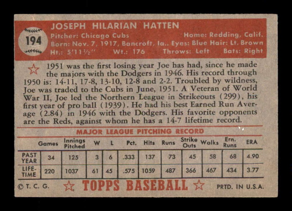 1952 Topps #194 Joe Hatten VGEX X2975288 | eBay