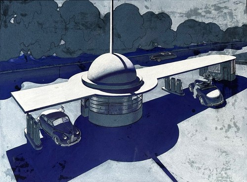 Original 1930s Vintage Painting STREAMLINE MODERNE Gas Station Classic ...