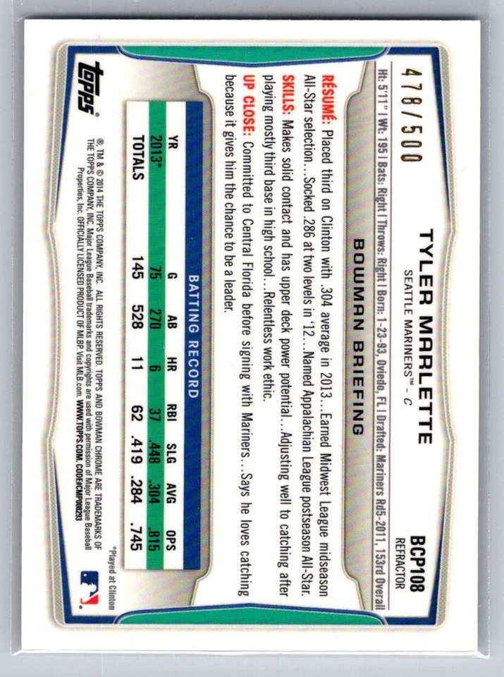 2014 Bowman Chrome #BCP108 Tyler Marlette Refractor 478/500 | eBay