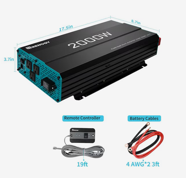 Renogy 2000W 12V Pure Sine Wave Power Inverter W/ USB Port And AC ...