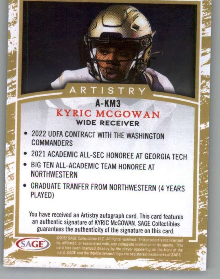 2022 SAGE Artistry Autograph Red/Black Border Kyric McGowan RC Rookie ...