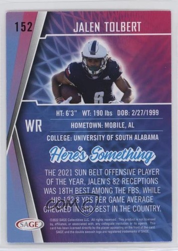 2022 SAGE High Series Red Jalen Tolbert #152 Rookie RC | eBay
