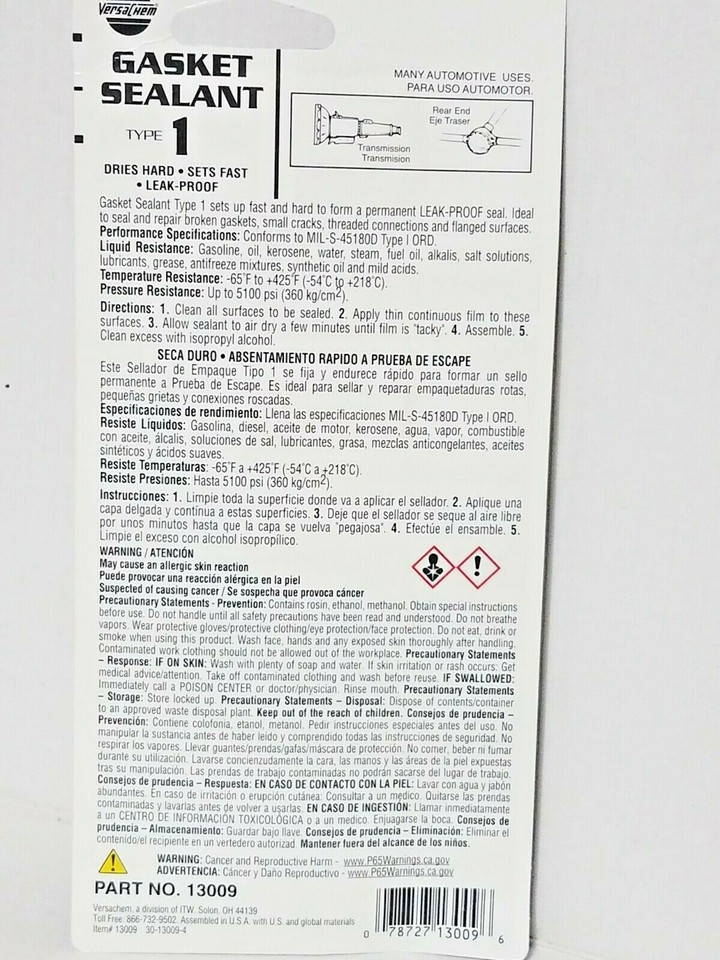 VersaChem 13009 Gasket Sealant Type 1 Leak-Proof 3 oz | 0078727130096 ...