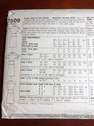 Patterns Sewing 1980’s Womens By Simplicity Pattern Number 7509 SZ 12 ...