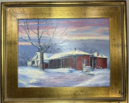 Winter Scene, The Red Barn, Oil on Canvas Painting, Karla Runquist | eBay