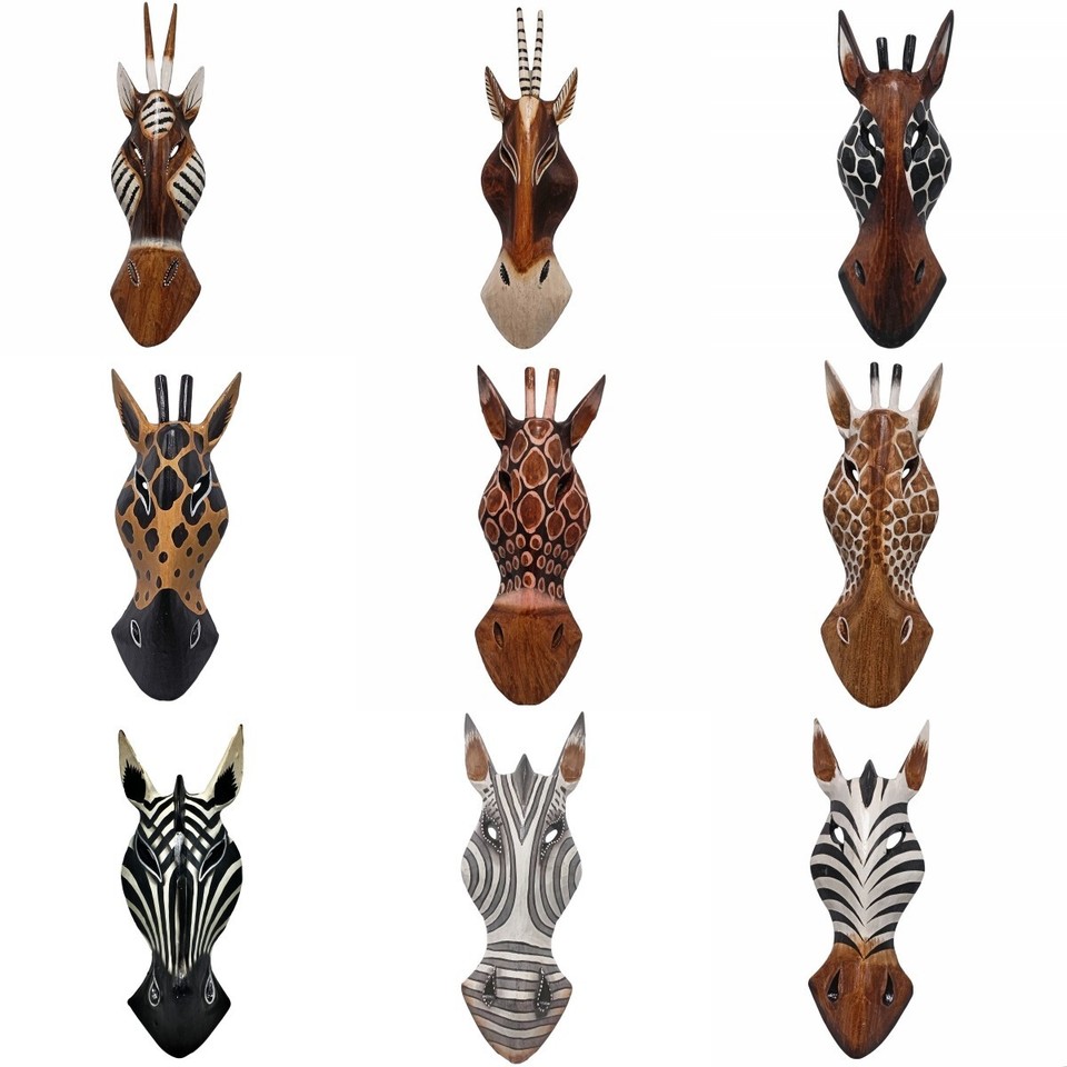 Set 2 Safari Wood Masks Animal Horse Zebra Wall Art Decor Sculpture ...