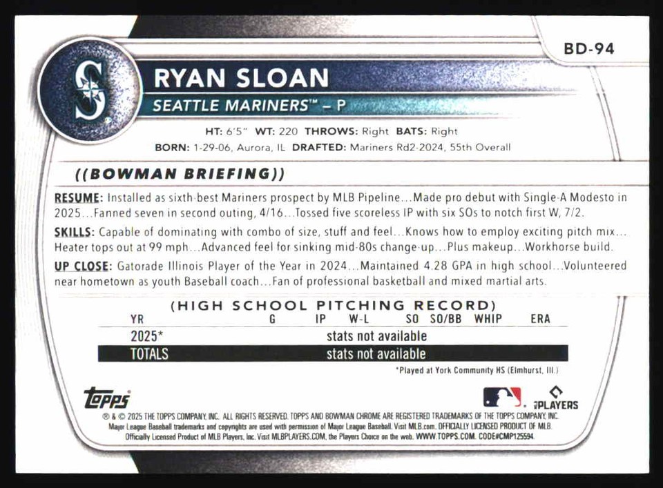 2025 Bowman Draft #BD-94 Ryan Sloan Seattle Mariners | eBay