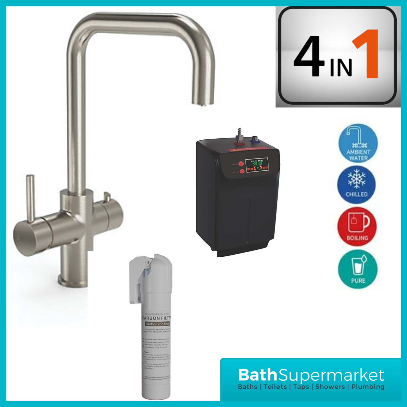 Hot Cold Boiling Water Kitchen Tap Twin Lever Filter Tank Brushed Steel ...