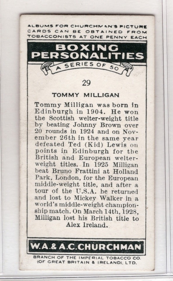 Churchman Cigarettes Boxing Personalities #29 Tommy Milligan, Scotland ...