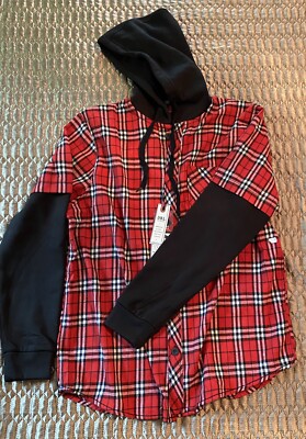 DRL Essentials Long Sleeve Shirt Men’s Sz L Button Up Hooded Red Black ...