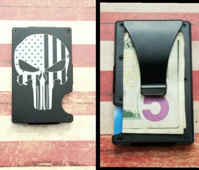 Punisher skull American flag RFID tactical minimalist wallet Money Clip ...