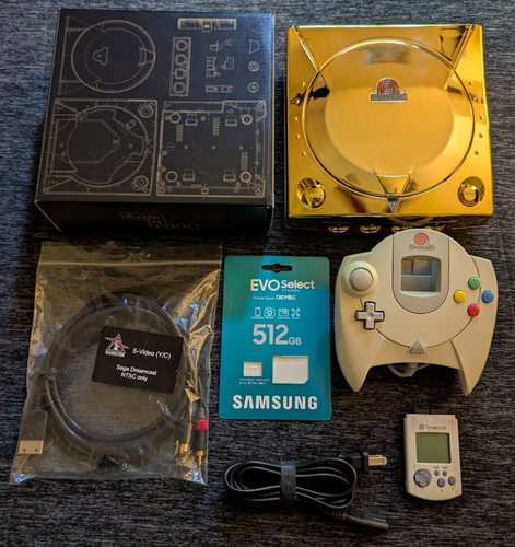 GOLD Sega Dreamcast Recapped with GDEMU, 512GB SD Card, Noctua Fan Mod ...