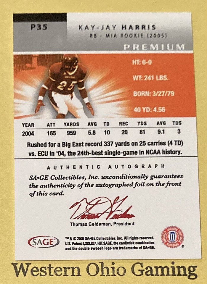 2005 SAGE Premium Kay-Jay Harris #P35 Black Rookie Authentic Autograph ...